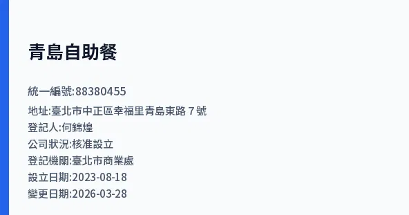 青島自助餐的照片-統編 88380455(臺北市) 公司登記資料與營業項目詳細圖表