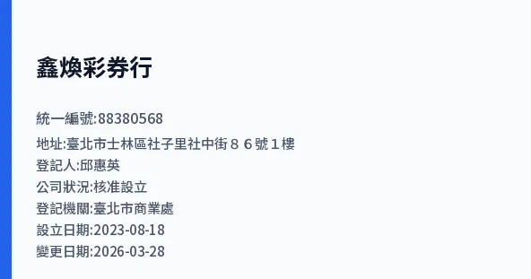 鑫煥彩券行的照片-統編 88380568(臺北市) 公司登記資料與營業項目詳細圖表