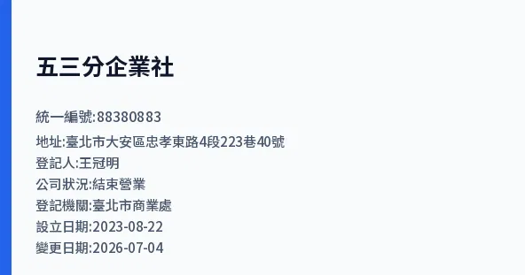 五三分企業社的照片-統編 88380883(臺北市) 公司登記資料與營業項目詳細圖表