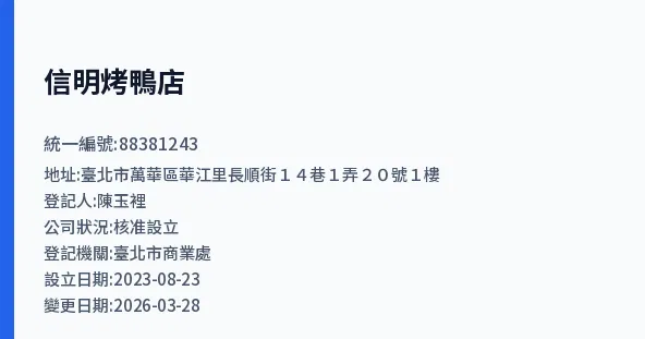 信明烤鴨店的照片-統編 88381243(臺北市) 公司登記資料與營業項目詳細圖表