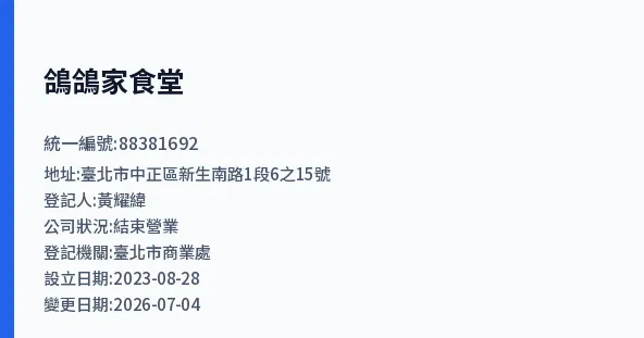 鴿鴿家食堂的照片-統編 88381692(臺北市) 公司登記資料與營業項目詳細圖表