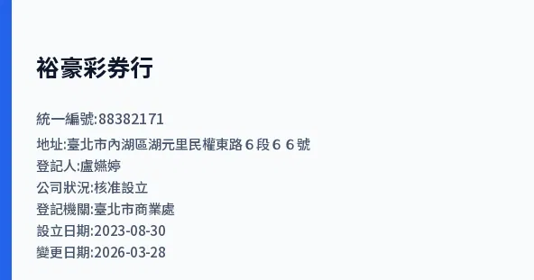裕豪彩券行的照片-統編 88382171(臺北市) 公司登記資料與營業項目詳細圖表