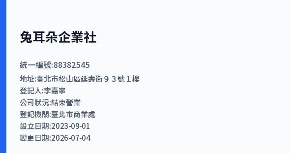 兔耳朵企業社的照片-統編 88382545(臺北市) 公司登記資料與營業項目詳細圖表