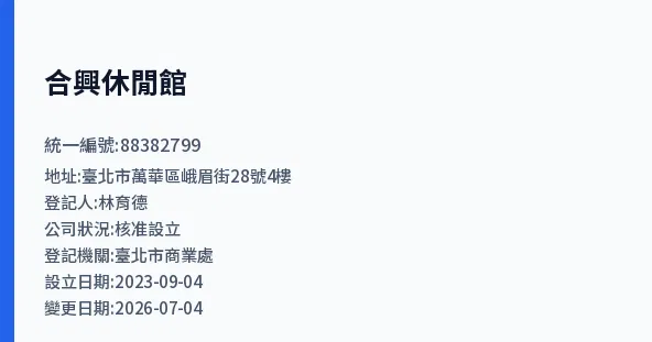 合興休閒館的照片-統編 88382799(臺北市) 公司登記資料與營業項目詳細圖表