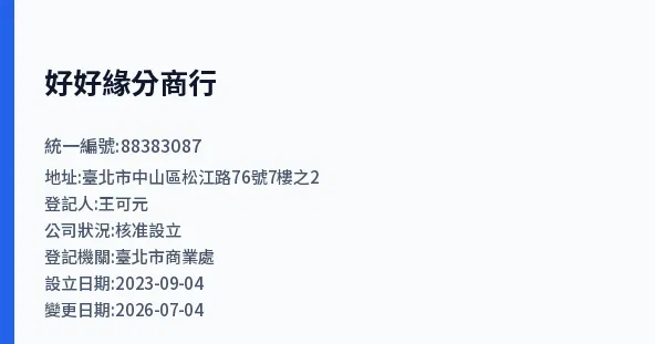 好好緣分商行的照片-統編 88383087(臺北市) 公司登記資料與營業項目詳細圖表