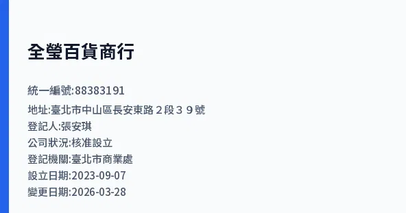 全瑩百貨商行的照片-統編 88383191(臺北市) 公司登記資料與營業項目詳細圖表