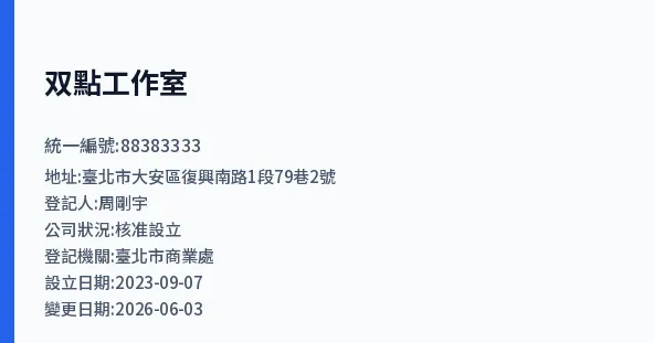 双點工作室的照片-統編 88383333(臺北市) 公司登記資料與營業項目詳細圖表
