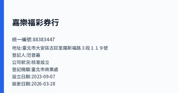 嘉樂福彩券行的照片-統編 88383447(臺北市) 公司登記資料與營業項目詳細圖表