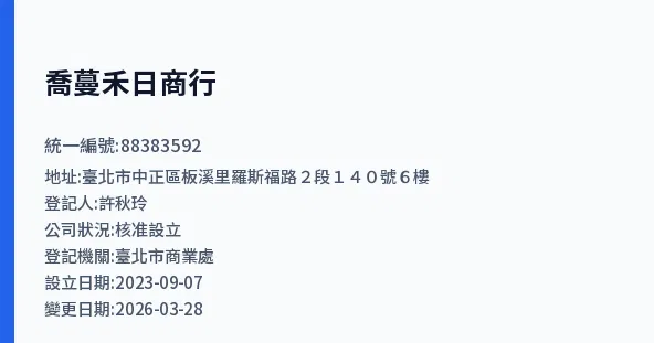 喬蔓禾日商行的照片-統編 88383592(臺北市) 公司登記資料與營業項目詳細圖表