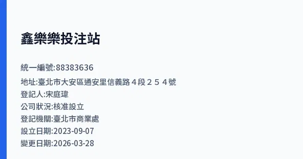 鑫樂樂投注站的照片-統編 88383636(臺北市) 公司登記資料與營業項目詳細圖表