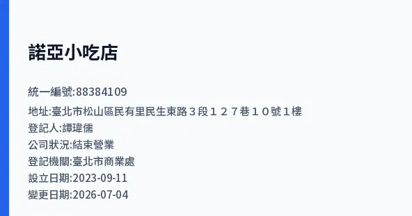 諾亞小吃店的照片-統編 88384109(臺北市) 公司登記資料與營業項目詳細圖表