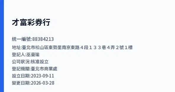才富彩券行的照片-統編 88384213(臺北市) 公司登記資料與營業項目詳細圖表