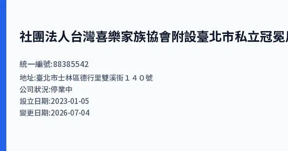 社團法人台灣喜樂家族協會附設臺北市私立冠冕居家長照機構的照片-統編 88385542(臺北市) 公司登記資料與營業項目詳細圖表