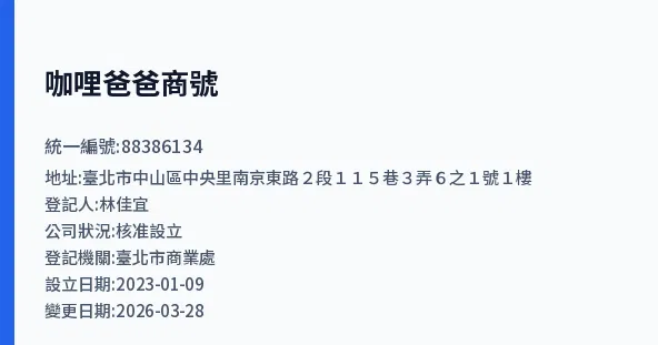 咖哩爸爸商號的照片-統編 88386134(臺北市) 公司登記資料與營業項目詳細圖表
