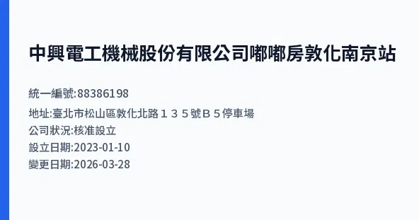 中興電工機械股份有限公司嘟嘟房敦化南京站的照片-統編 88386198(臺北市) 公司登記資料與營業項目詳細圖表