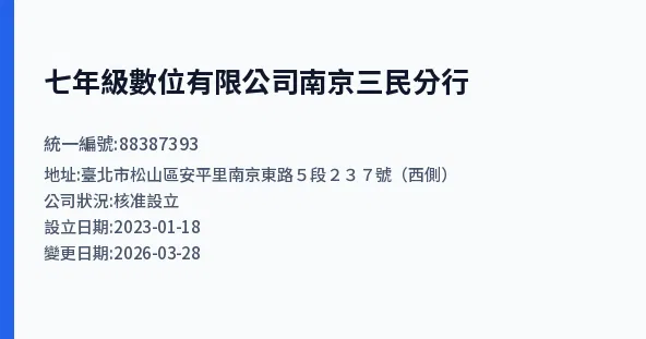 七年級數位有限公司南京三民分行的照片-統編 88387393(臺北市) 公司登記資料與營業項目詳細圖表