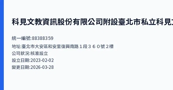 科見文教資訊股份有限公司附設臺北市私立科見文理短期補習班復興分班的照片-統編 88388359(臺北市) 公司登記資料與營業項目詳細圖表