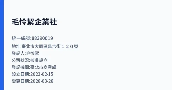 毛怜絜企業社的照片-統編 88390019(臺北市) 公司登記資料與營業項目詳細圖表
