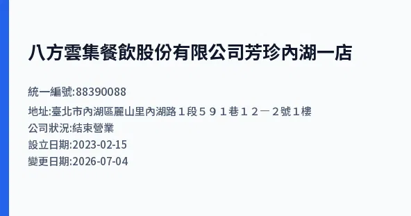 八方雲集餐飲股份有限公司芳珍內湖一店的照片-統編 88390088(臺北市) 公司登記資料與營業項目詳細圖表