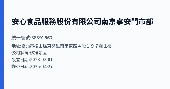 安心食品服務股份有限公司南京寧安門市部的照片-統編 88391663(臺北市) 公司登記資料與營業項目詳細圖表