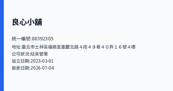 良心小舖的照片-統編 88392305(臺北市) 公司登記資料與營業項目詳細圖表