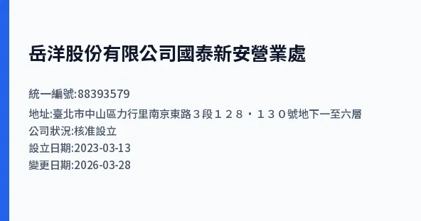 岳洋股份有限公司國泰新安營業處的照片-統編 88393579(臺北市) 公司登記資料與營業項目詳細圖表
