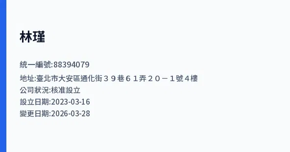 林瑾的照片-統編 88394079(臺北市) 公司登記資料與營業項目詳細圖表