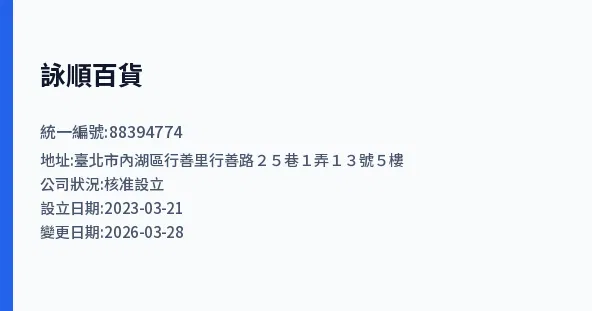 詠順百貨的照片-統編 88394774(臺北市) 公司登記資料與營業項目詳細圖表