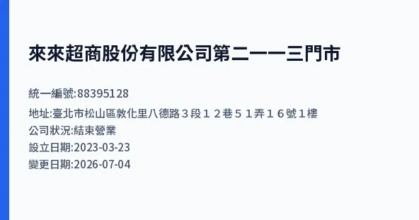 來來超商股份有限公司第二一一三門市的照片-統編 88395128(臺北市) 公司登記資料與營業項目詳細圖表