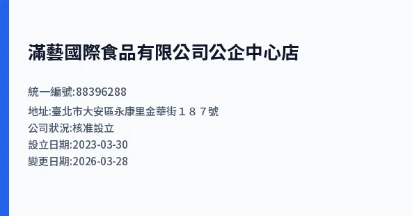 滿藝國際食品有限公司公企中心店的照片-統編 88396288(臺北市) 公司登記資料與營業項目詳細圖表