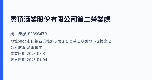 雲頂酒業股份有限公司第二營業處的照片-統編 88396479(臺北市) 公司登記資料與營業項目詳細圖表