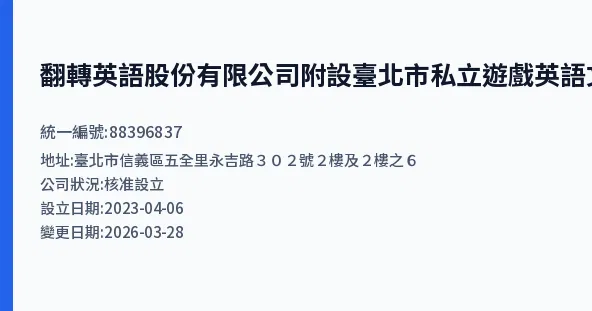 翻轉英語股份有限公司附設臺北市私立遊戲英語文理短期補習班的照片-統編 88396837(臺北市) 公司登記資料與營業項目詳細圖表