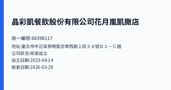 晶彩凱餐飲股份有限公司花月嵐凱撒店的照片-統編 88398217(臺北市) 公司登記資料與營業項目詳細圖表