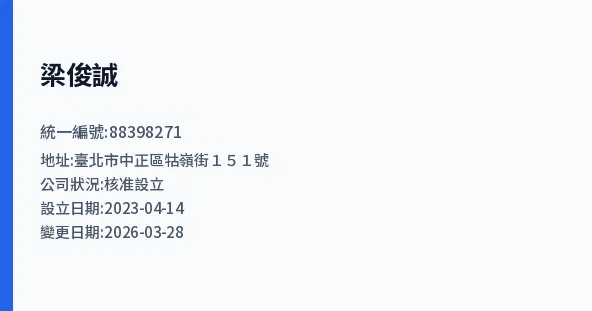 梁俊誠的照片-統編 88398271(臺北市) 公司登記資料與營業項目詳細圖表