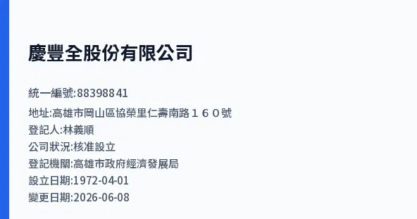 慶豐全股份有限公司的照片-統編 88398841(高雄市) 公司登記資料與營業項目詳細圖表