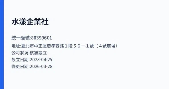 水漾企業社的照片-統編 88399601(臺北市) 公司登記資料與營業項目詳細圖表