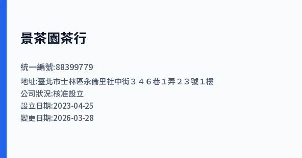 景茶園茶行的照片-統編 88399779(臺北市) 公司登記資料與營業項目詳細圖表