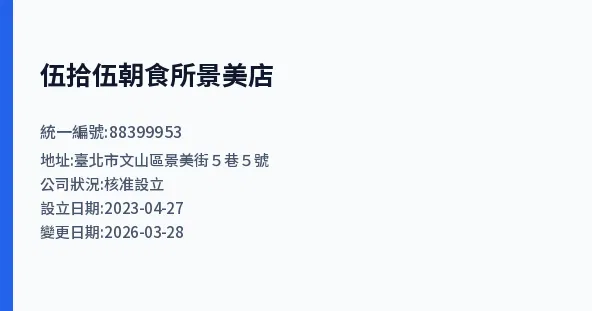 伍拾伍朝食所景美店的照片-統編 88399953(臺北市) 公司登記資料與營業項目詳細圖表