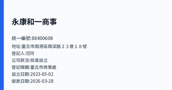 永康和一商事的照片-統編 88400608(臺北市) 公司登記資料與營業項目詳細圖表