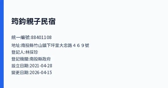 筠鈞親子民宿的照片-統編 88401108(南投縣) 公司登記資料與營業項目詳細圖表
