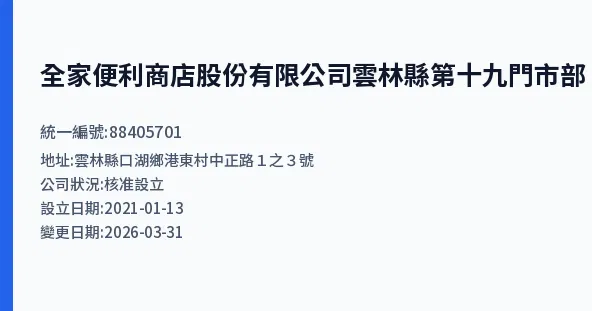 全家便利商店股份有限公司雲林縣第十九門市部的照片-統編 88405701(雲林縣) 公司登記資料與營業項目詳細圖表