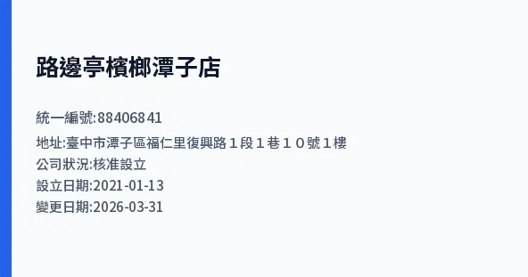 路邊亭檳榔潭子店的照片-統編 88406841(臺中市) 公司登記資料與營業項目詳細圖表