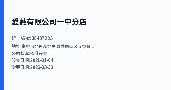 愛薇有限公司一中分店的照片-統編 88407285(臺中市) 公司登記資料與營業項目詳細圖表