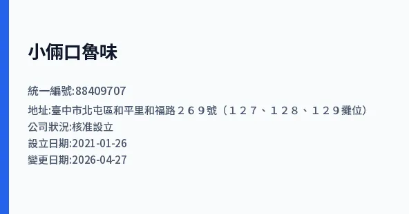 小倆口魯味的照片-統編 88409707(臺中市) 公司登記資料與營業項目詳細圖表