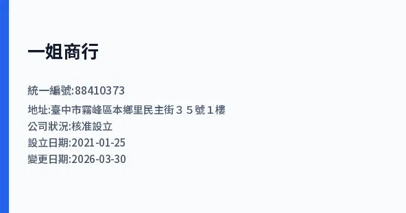 一姐商行的照片-統編 88410373(臺中市) 公司登記資料與營業項目詳細圖表