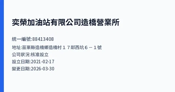 奕榮加油站有限公司造橋營業所的照片-統編 88413408(苗栗縣) 公司登記資料與營業項目詳細圖表