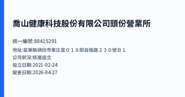 喬山健康科技股份有限公司頭份營業所的照片-統編 88415291(苗栗縣) 公司登記資料與營業項目詳細圖表