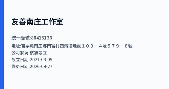 友善南庄工作室的照片-統編 88418136(苗栗縣) 公司登記資料與營業項目詳細圖表