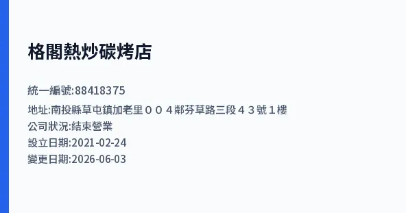 格閣熱炒碳烤店的照片-統編 88418375(南投縣) 公司登記資料與營業項目詳細圖表