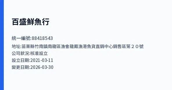 百盛鮮魚行的照片-統編 88418543(苗栗縣) 公司登記資料與營業項目詳細圖表